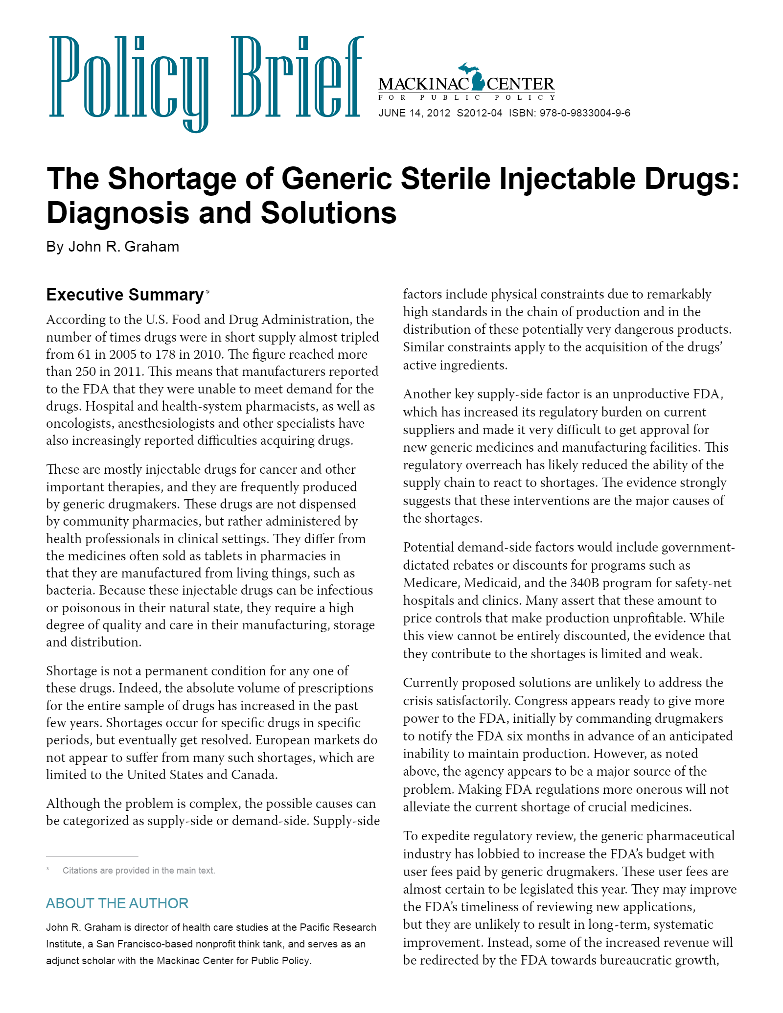 The Shortage of Generic Sterile Injectable Drugs: Diagnosis and ...