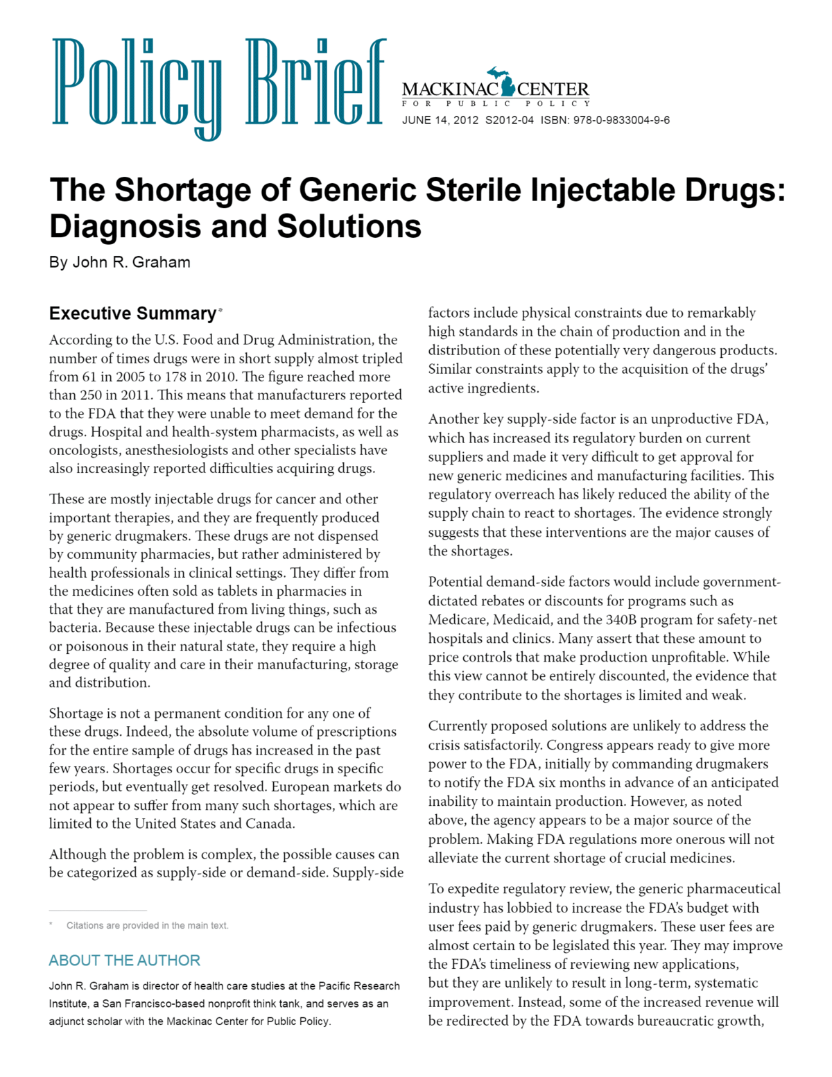 The Shortage of Generic Sterile Injectable Drugs: Diagnosis and ...