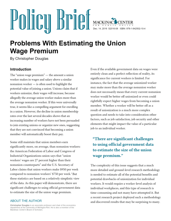 Problems With Estimating the Union Wage Premium – Mackinac Center