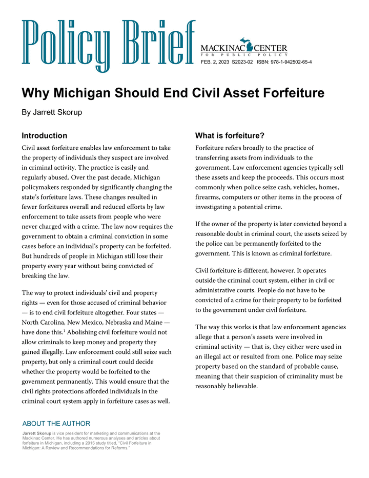 Why Michigan Should End Civil Asset Forfeiture – Mackinac Center