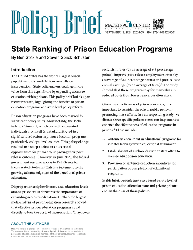 State Ranking of Prison Education Programs – Mackinac Center