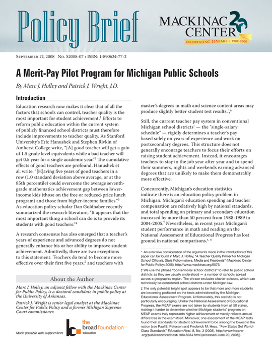 A Merit-Pay Pilot Program for Michigan Public Schools – Mackinac Center